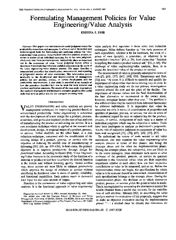 (PDF) Formulating management policies for value engineering/value analysis