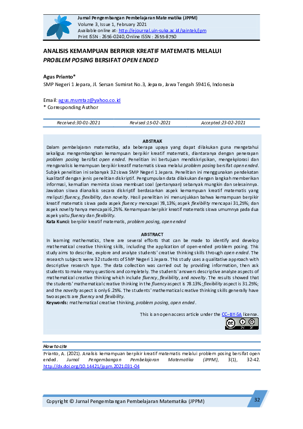(PDF) Analisis Kemampuan Berpikir Kreatif Matematis melalui Problem Posing Bersifat Open Ended