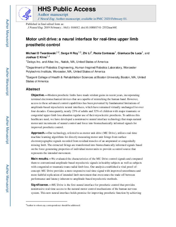 (PDF) Motor unit drive: a neural interface for real-time upper limb prosthetic control