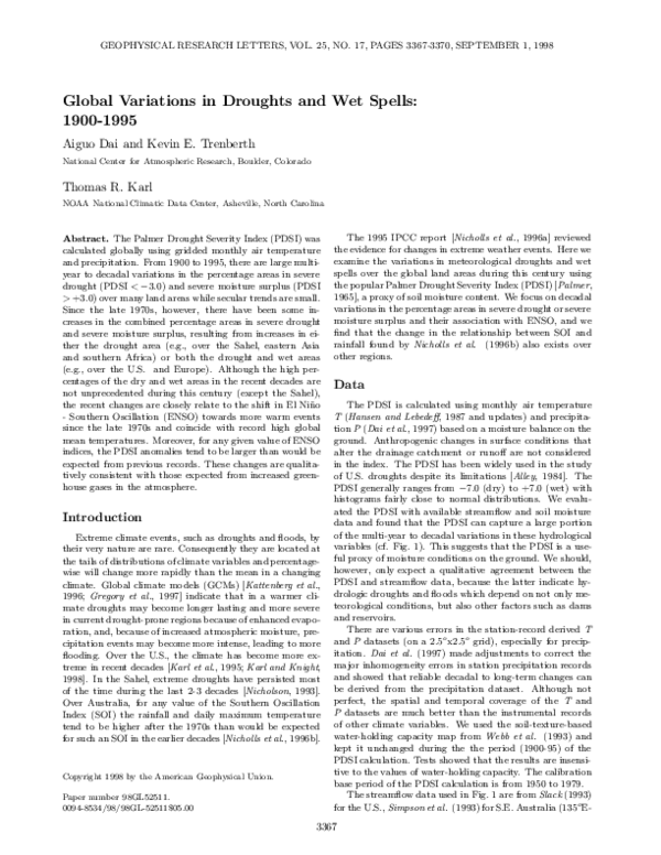 (PDF) Global variations in droughts and wet spells: 1900-1995