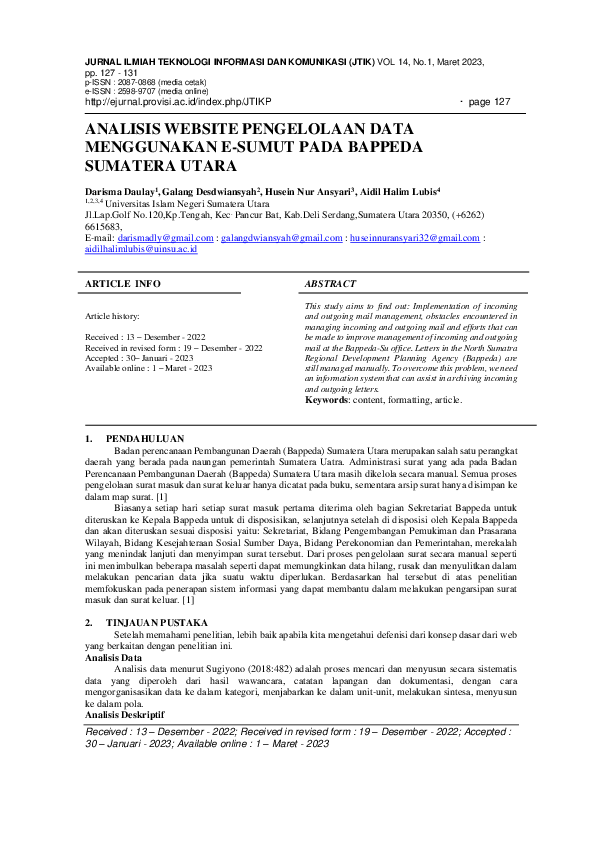(PDF) Analisis Website Pengelolaan Data Menggunakan E-Sumut Pada Bappeda Sumatera Utara