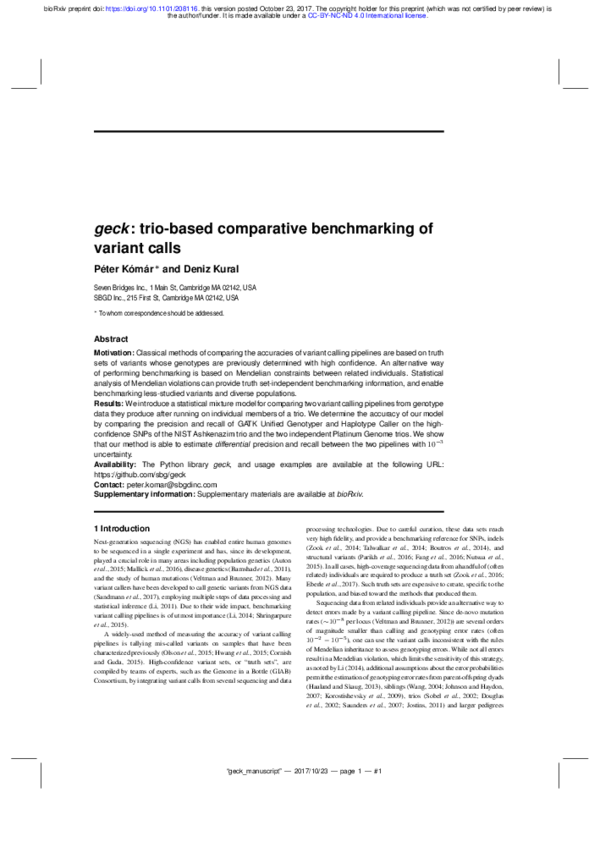 (PDF) Geck: Trio-Based Comparative Benchmarking of Variant Calls