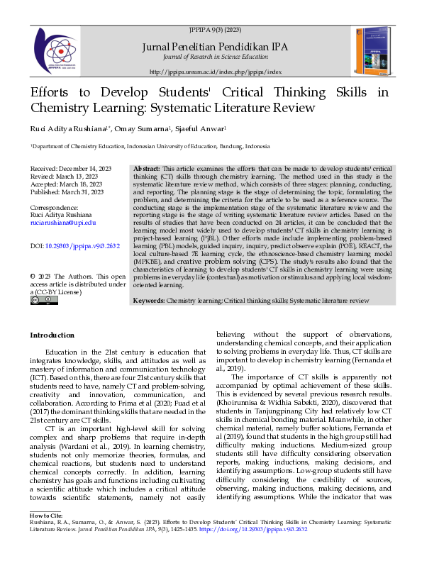 (PDF) Efforts to Develop Students' Critical Thinking Skills in Chemistry Learning: Systematic ...