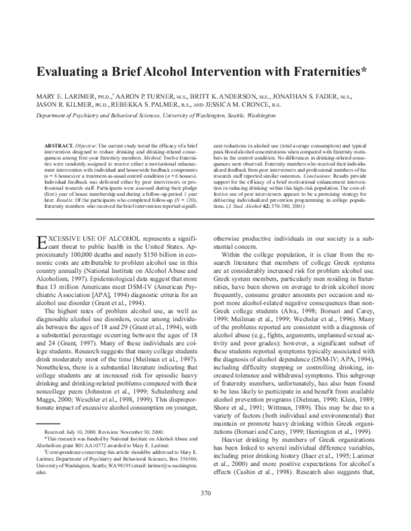 (PDF) Brief Intervention Reduces Frat Alcohol Use