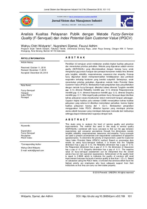(PDF) Analisis Kualitas Pelayanan Publik dengan Metode Fuzzy-Service Quality (F-Servqual) dan ...