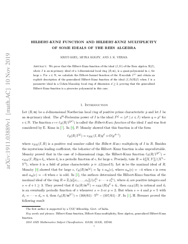 (PDF) Hilbert-Kunz function and Hilbert-Kunz multiplicity of some ideals of the Rees algebra