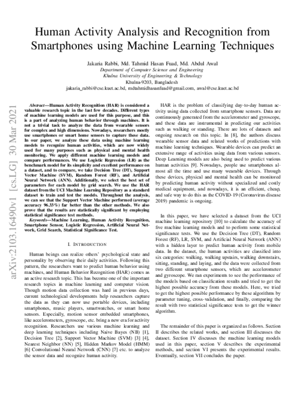 Pdf Human Activity Analysis And Recognition From Smartphones Using