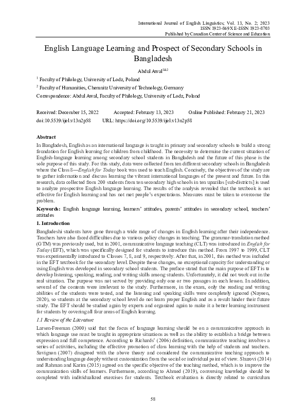 (PDF) English Language Learning and Prospect of Secondary Schools in Bangladesh