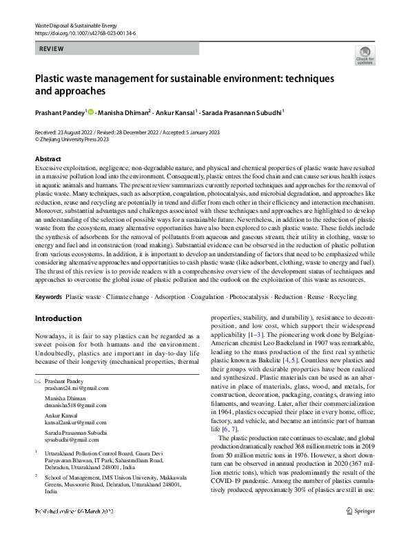 (PDF) Plastic waste management for sustainable environment: techniques ...