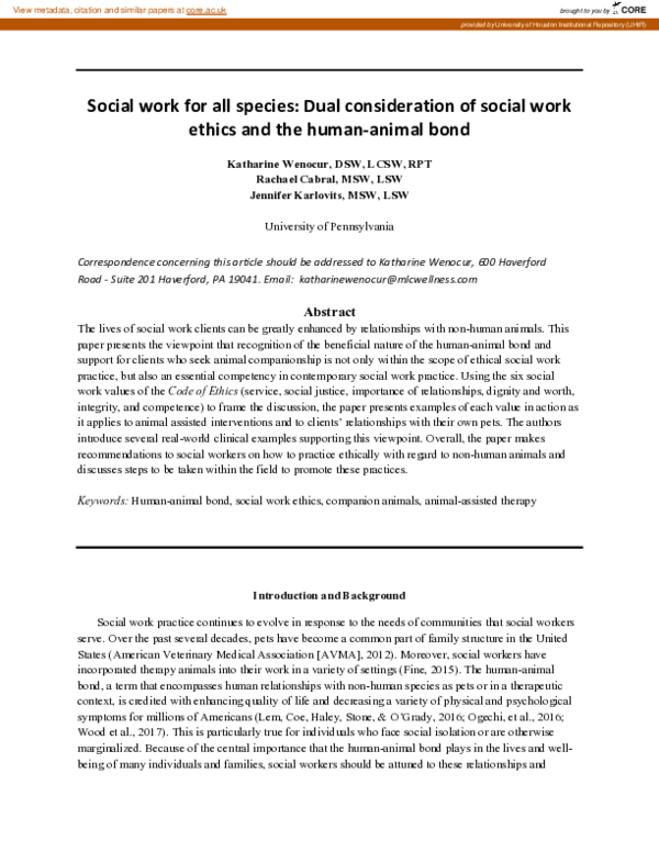 (PDF) Social work for all species: Dual consideration of social work ethics and the human-animal ...