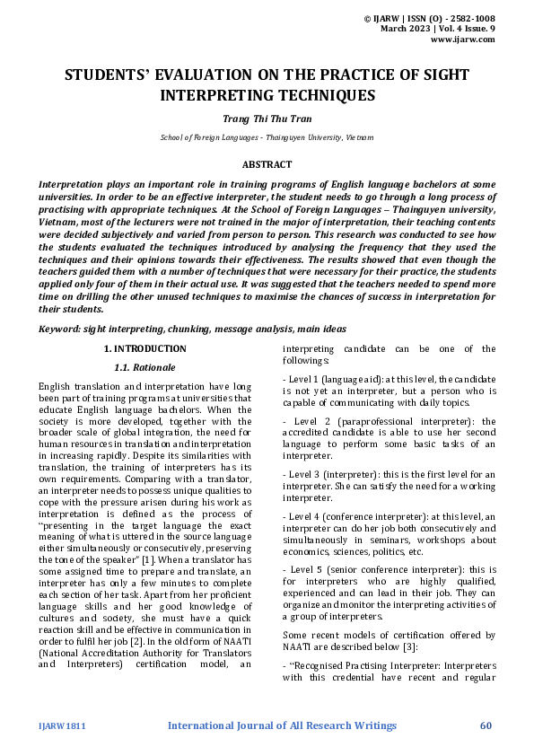 (PDF) STUDENTS' EVALUATION ON THE PRACTICE OF SIGHT INTERPRETING TECHNIQUES