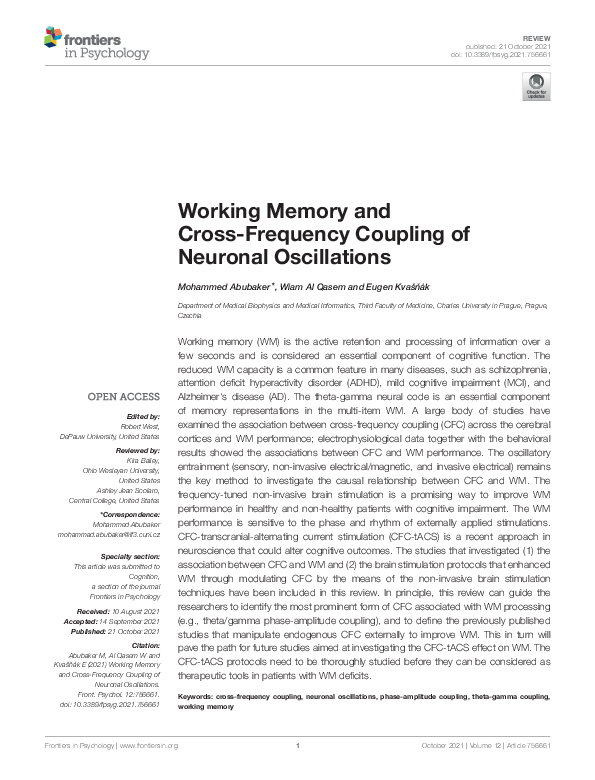 (PDF) Working Memory and Cross-Frequency Coupling of Neuronal Oscillations