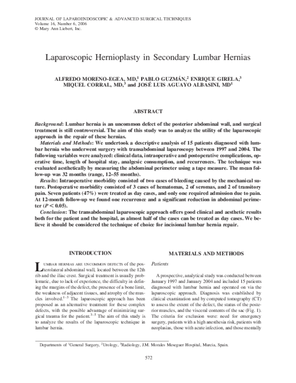 (PDF) Laparoscopic Hernioplasty in Secondary Lumbar Hernias