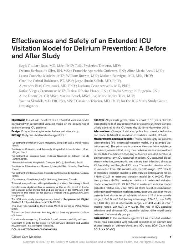 (PDF) Effectiveness and Safety of an Extended ICU Visitation Model for ...