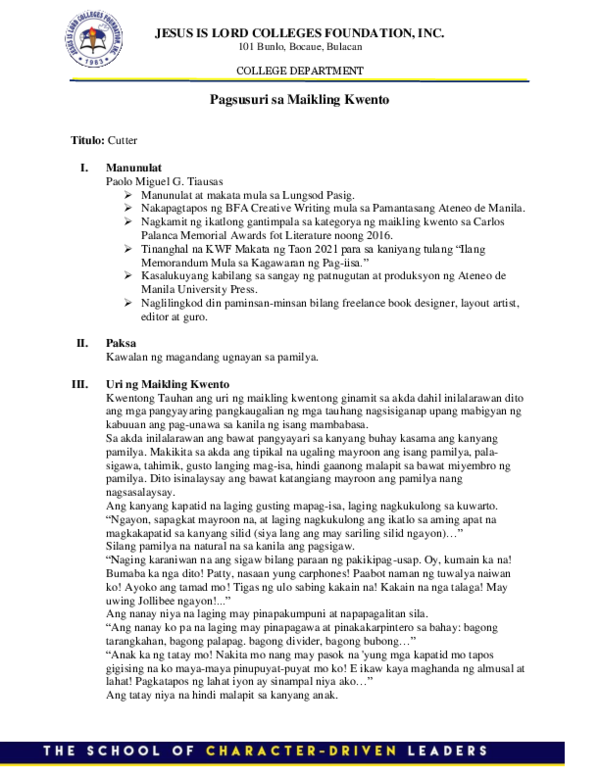 (PDF) Pagsusuri sa Maikling Kwento Titulo: Cutter