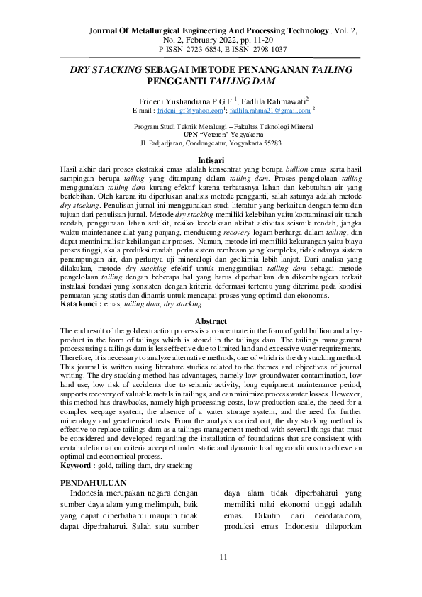 (PDF) Dry Stacking Sebagai Metode Penanganan Tailing Pengganti Tailing Dam