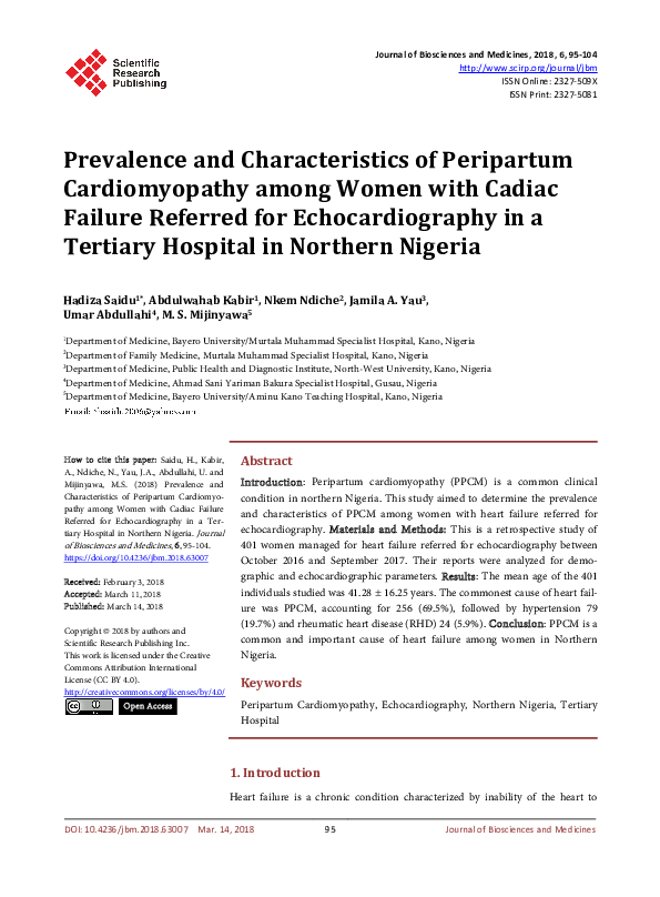 (PDF) Prevalence and Characteristics of Peripartum Cardiomyopathy among Women with Cadiac ...