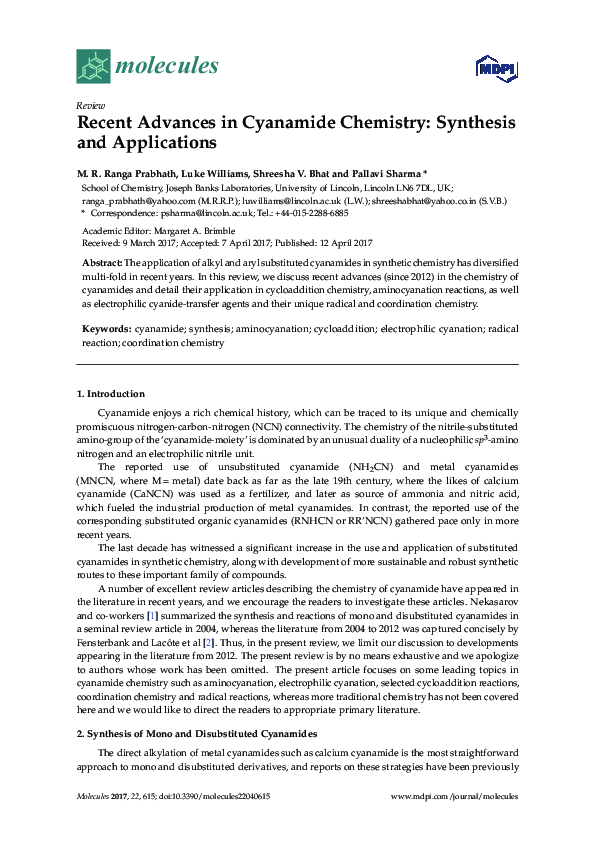 (PDF) Recent Advances in Cyanamide Chemistry: Synthesis and Applications