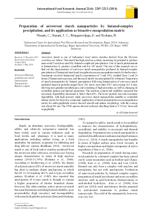 (PDF) Preparation of arrowroot starch nanoparticles by butanol-complex precipitation, and its as ...