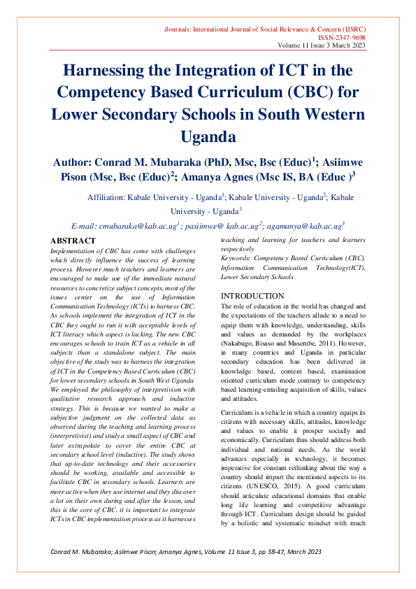 (PDF) Harnessing the Integration of ICT in the Competency Based Curriculum (CBC) for Lower ...