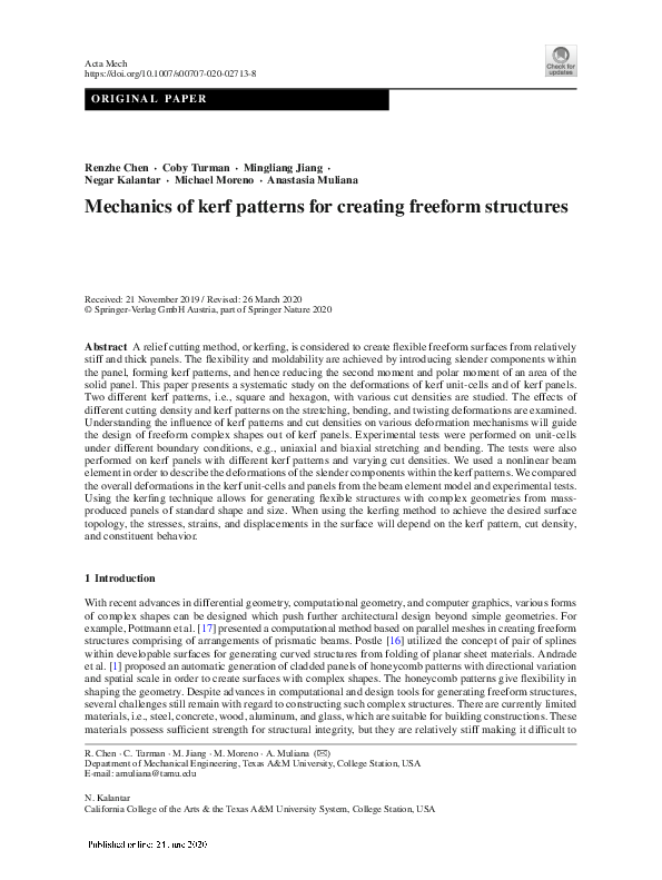 (PDF) Mechanics of kerf patterns for creating freeform structures