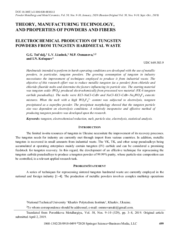 (PDF) Electrochemical Production of Tungsten Powders from Tungsten ...