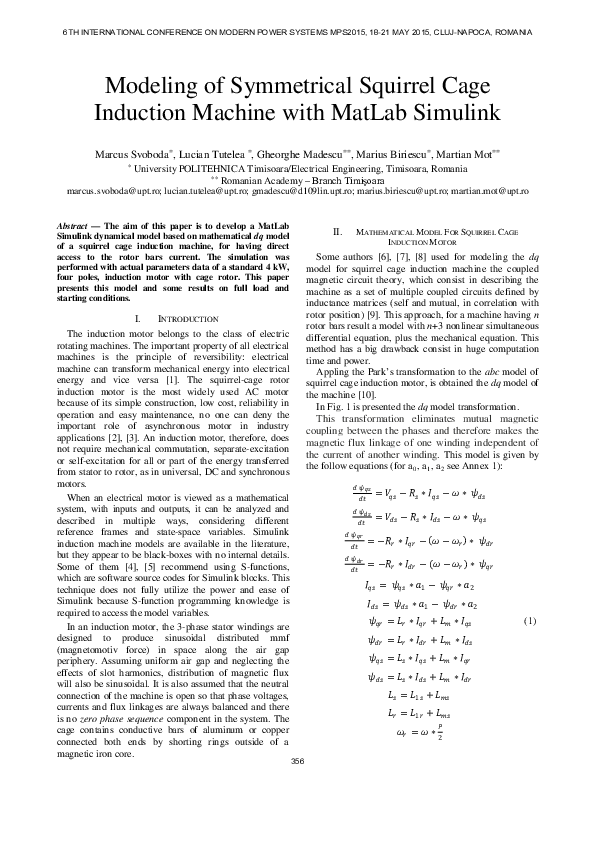 (PDF) Modeling of Symmetrical Squirrel Cage Induction Machine with MatLab Simulink
