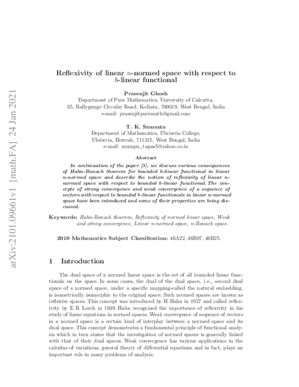 (PDF) Reflexivity of linear n-normed space with respect to b-linear functional
