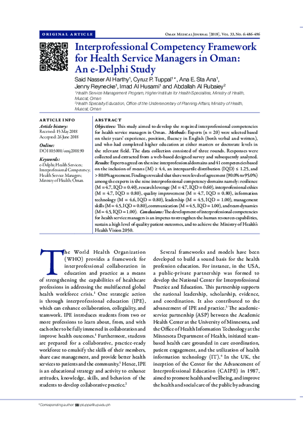(PDF) Interprofessional Competency Framework for Health Service Managers in Oman: An e-Delphi Study