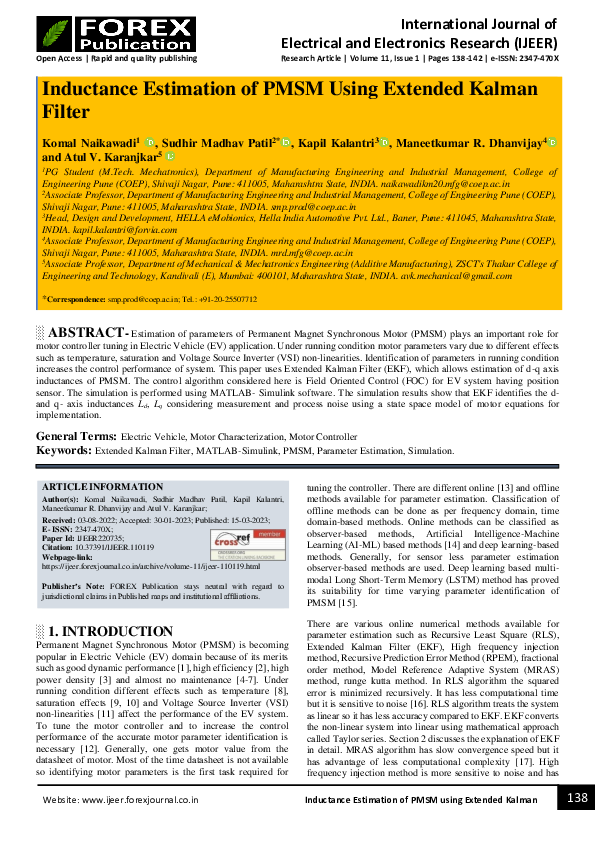 Pdf Inductance Estimation Of Pmsm Using Extended Kalman Filter