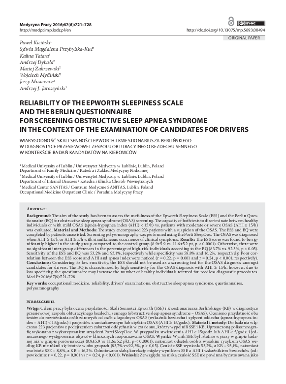 (PDF) Reliability of the Epworth Sleepiness Scale and the Berlin ...
