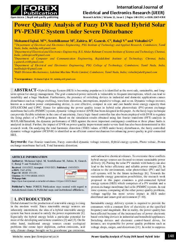 (PDF) Power Quality Analysis of Fuzzy DVR based Hybrid Solar PV-PEMFC System Under Severe ...