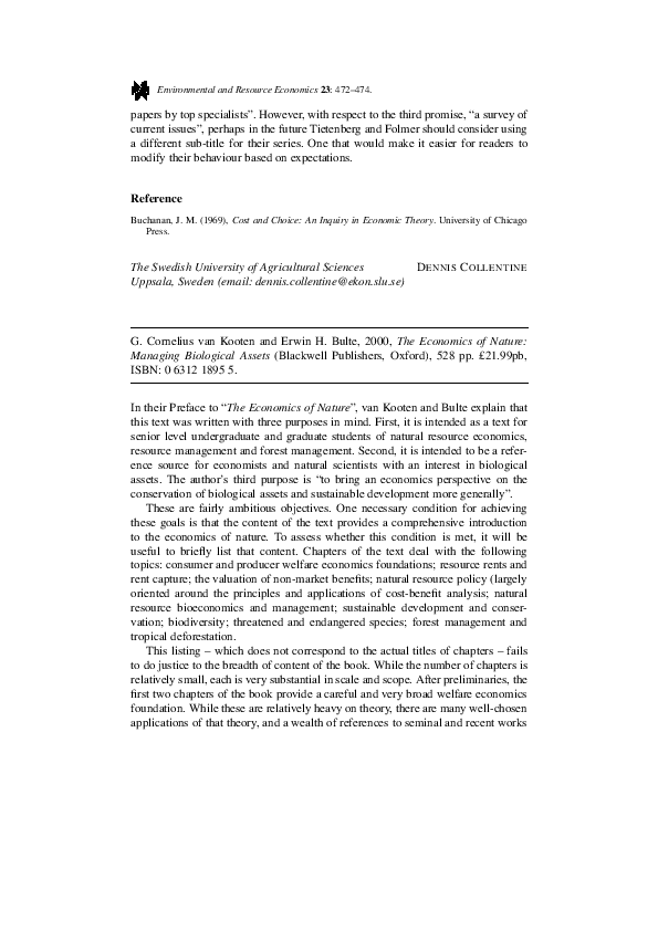 (PDF) G. Cornelius van Kooten and Erwin H. Bulte, 2000, The Economics ...