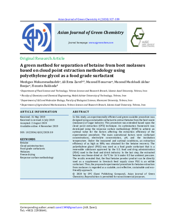 (PDF) A green method for separation of betaine from beet molasses based on cloud point ...