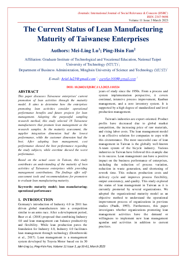 (PDF) The Current Status of Lean Manufacturing Maturity of Taiwanese ...