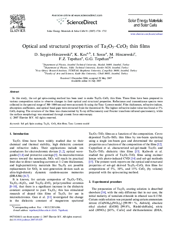 (PDF) Optical and structural properties of Ta2O5–CeO2 thin films | Galip G. Tepehan - Academia.edu
