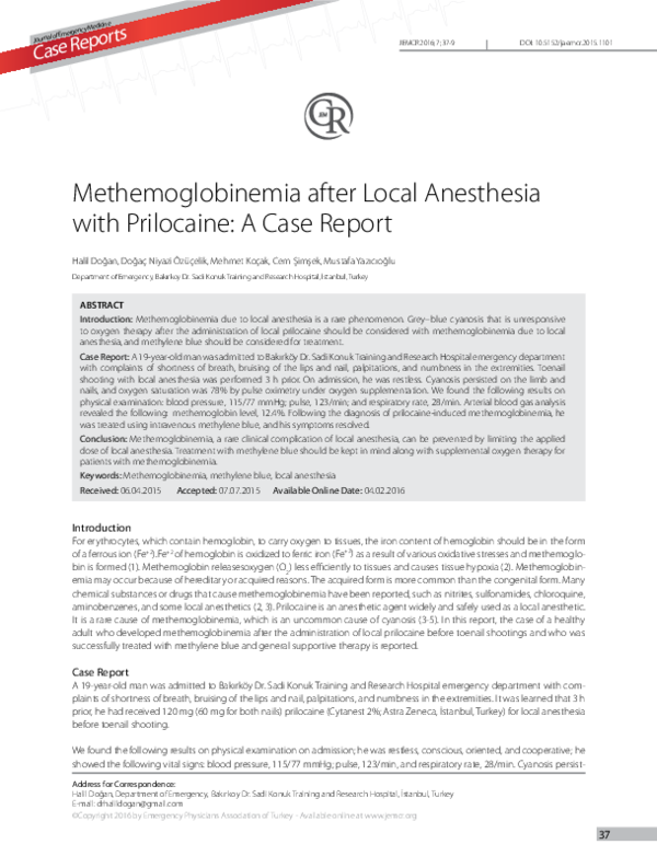 (PDF) Methemoglobinemia after local anesthesia with prilocaine: a case ...