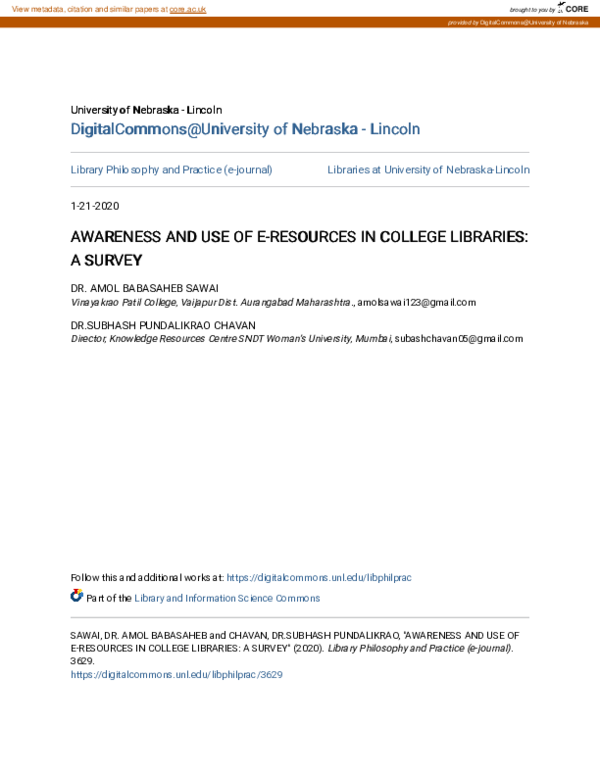 (PDF) Awareness and Use of E-Resources in College Libraries: A Survey