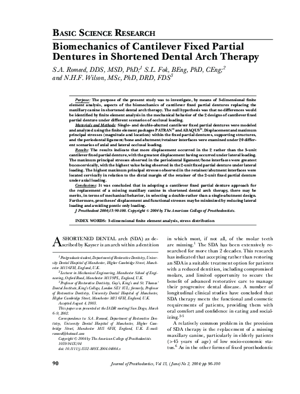 (PDF) Biomechanics of Cantilever Fixed Partial Dentures in Shortened ...