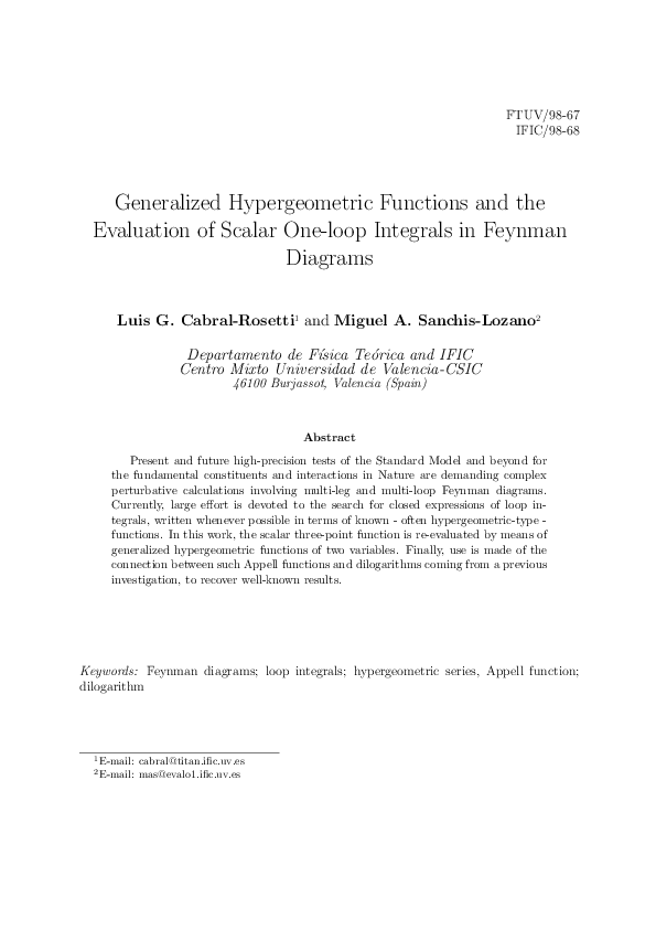 (PDF) Generalized hypergeometric functions and the evaluation of scalar one-loop integrals in ...