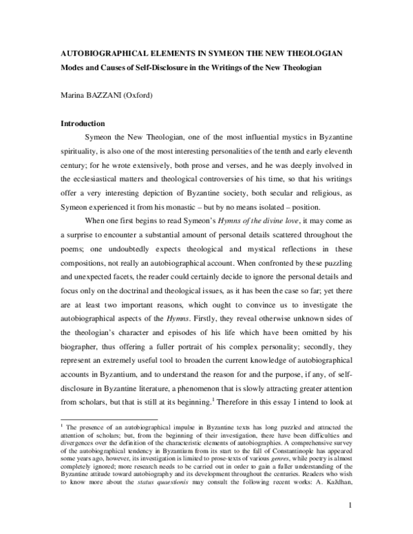 (PDF) Autobiographical Elements in Symeon the New Theologian.Modes and ...