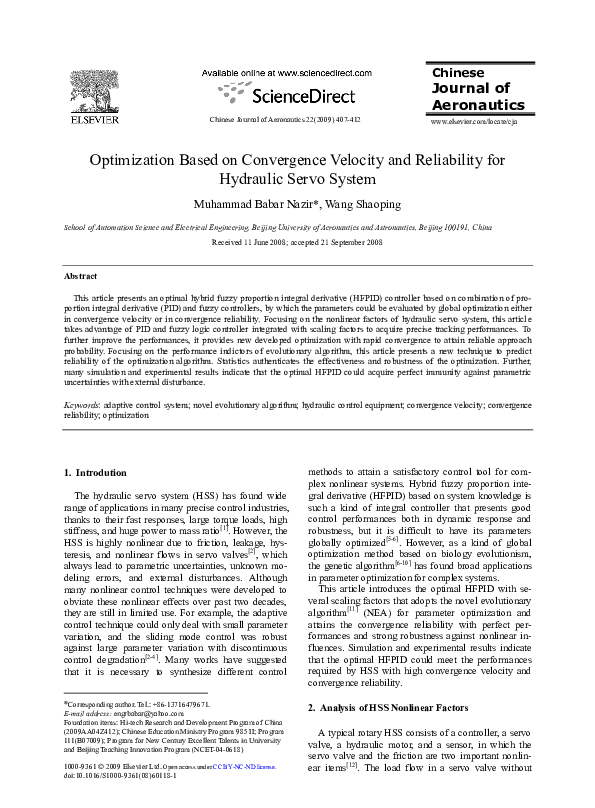 (PDF) Optimization Based on Convergence Velocity and Reliability for Hydraulic Servo System