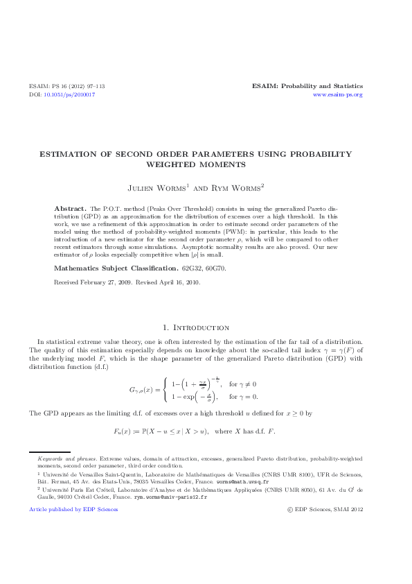 (PDF) Estimation of second order parameters using probability weighted ...