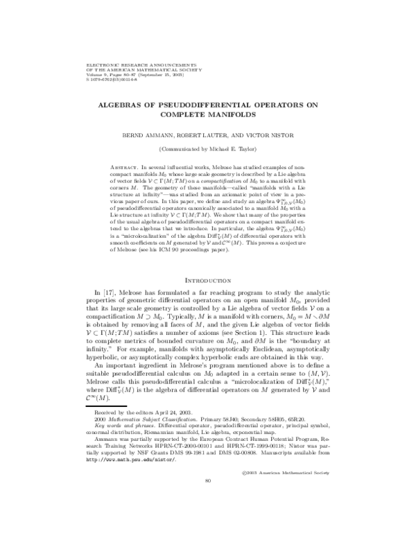 (PDF) Algebras of pseudodifferential operators on complete manifolds | Victor Nistor - Academia.edu