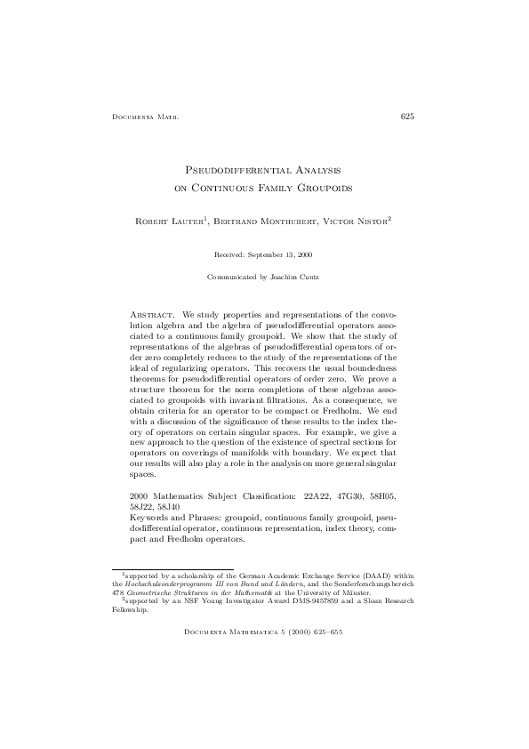 (PDF) Pseudodifferential analysis on continuous family groupoids