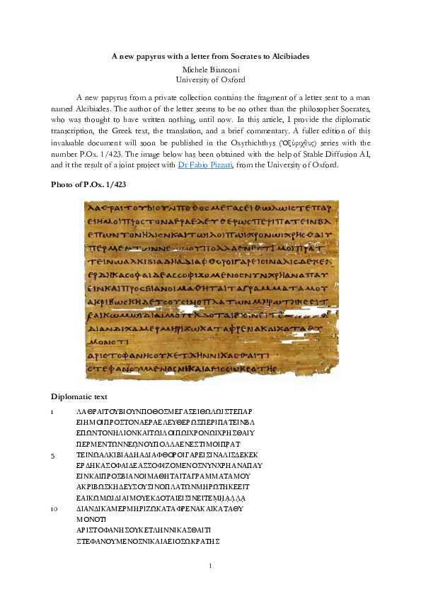 (PDF) A new papyrus with a letter from Socrates to Alcibiades