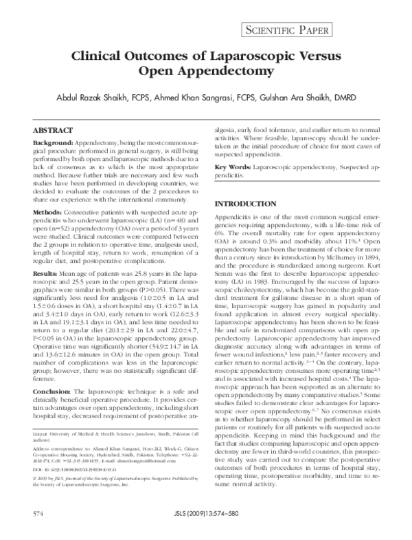 (PDF) Clinical Outcomes of Laparoscopic Versus Open Appendectomy