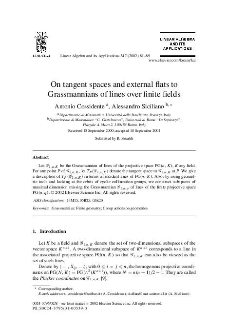 (PDF) On tangent spaces and external flats to Grassmannians of lines ...