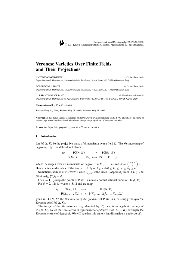Pdf Veronese Varieties Over Finite Fields And Their Projections