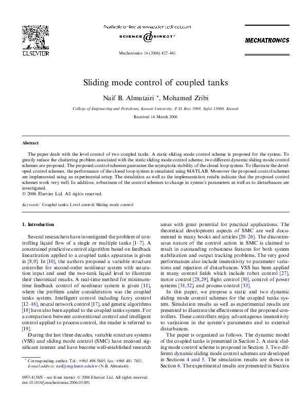 (PDF) Sliding mode control of coupled tanks